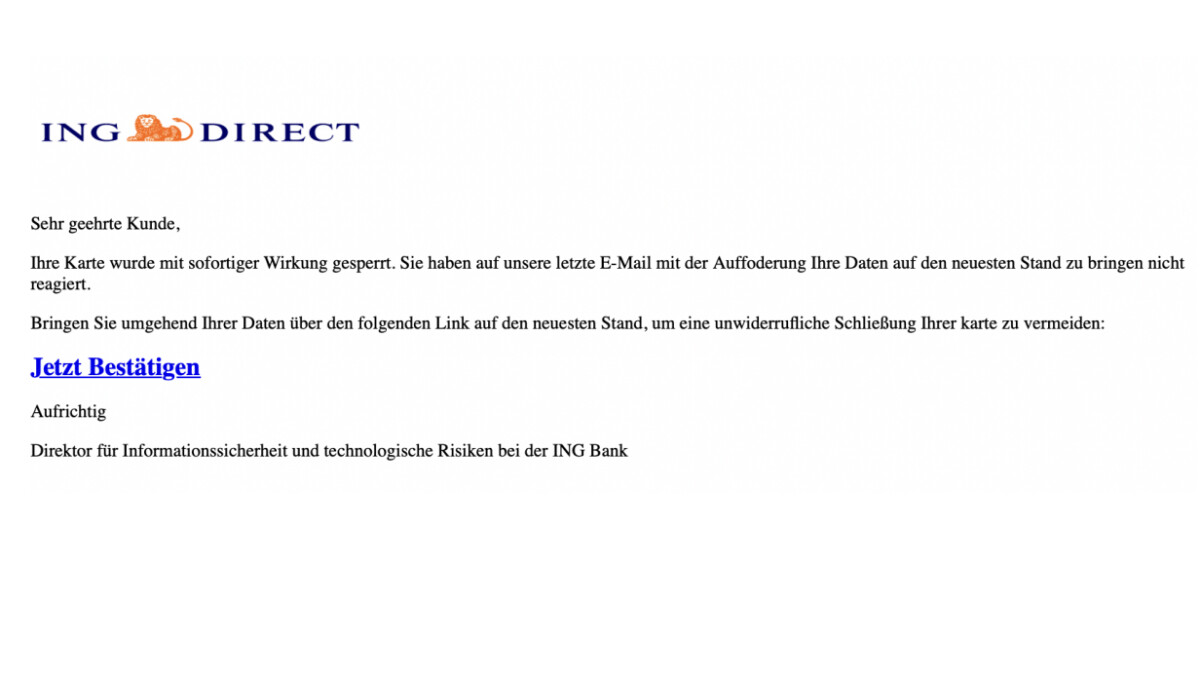 Vorsichtig Phishing: ING-Mail droht mit Kartensperre | NETZWELT