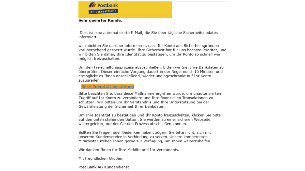 Hütet euch vor dieser Postbank-Mail: Phishing-Betrüger wollen eure ...